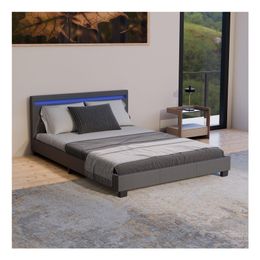Juskys Polsterbett Paris 140 x 200 cm grau &ndash; Bett mit LED Beleuchtung, Lattenrost & Kopfteil