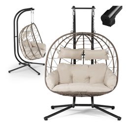 Juskys Doppelh&auml;ngesessel Aria - Polyrattan H&auml;ngesessel mit Gestell & Kissen - 2 Personen - Beige