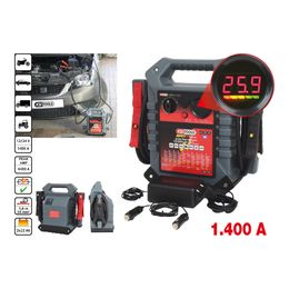 KS Tools 12 V + 24 V Batterie-Booster aus Kunststoff und Metall mit LCD-Anzeige und Starthilfekabeln (1400 A Spitzenstrom), 5501720 (550.1720)