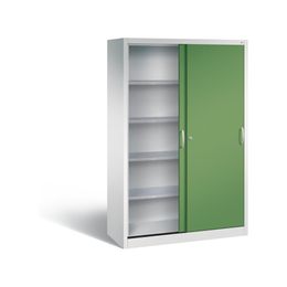 C+P Schwerlast-Werkzeugschrank mit Schiebet&uuml;ren, 4 B&ouml;den, H1950xB1200xT500mm Front Resedagr&uuml;n Korpus Lichtgrau ; C + P M&ouml;belsysteme (2059-002|S10022)