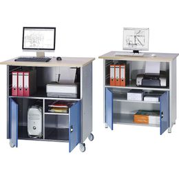 Rau PC-Tisch, mit durchgehendem Fachboden, lichtgRau RAL 7035 / enzianblau RAL 5010