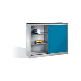 C+P Werkzeug-Beistellschrank mit Schiebet&uuml;ren, innen 2 x 2 B&ouml;den, H1200xB1600xT400mm Front Lichtblau Korpus Lichtgrau ; C + P M&ouml;belsysteme (2147-09|S10015)