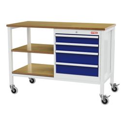 STIER Mobile Kastenwerkbank mit 4 Schubladen und 2 Holzfachb&ouml;den BxTxH 1300x600x960 mm RAL 7035 / RAL 5010 (905020)