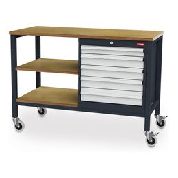 STIER Mobile Kastenwerkbank mit 5 Schubladen und 2 Holzfachb&ouml;den BxTxH 1300x600x960 mm RAL 7016 / RAL 7035 (903971)