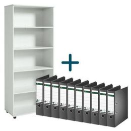 Komplettangebot Regal, 5 OH, B 800 x T 400 x H 1877 mm, Holz, lichtgrau + gratis 10 x LEITZ&reg; Ordner 1007/1008, A4, R&uuml;ckenbreite 80 mm, schwarz