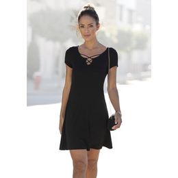 Lascana Sommerkleid 'mit Zierb&auml;ndern am Ausschnitt, Kurzarmkleid' schwarz Gr. 34 f&uuml;r Damen. Mit V-Ausschnitt. Figurumspielend