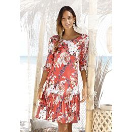 s.Oliver Jerseykleid 'mit Blumenprint und Volantrock, Druckkleid mit 3/4-&Auml;rmeln' mehrfarbig Gr. 34 f&uuml;r Damen. Rundhals und Allover-Druck. 