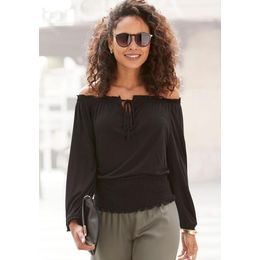 Lascana Carmenshirt schwarz Gr. 52/54 f&uuml;r Damen. Mit Carmenausschnitt. Figurumspielend