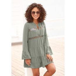 Lascana Longbluse beige Gr. 48/50 f&uuml;r Damen. V-Ausschnitt und Spitzenb&auml;nder. Figurumspielend. Nachhaltig.