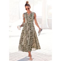 Lascana Maxikleid 'mit Animalprint und kurzer Knopfleiste' mehrfarbig Gr. 44 f&uuml;r Damen. Rundhals und Allover-Druck. Figurumspielend. Nachhaltig.