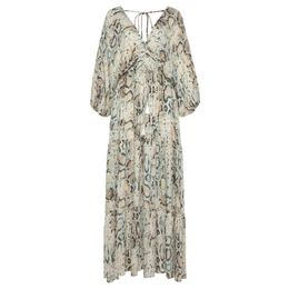 Buffalo Maxikleid 'mit Schlangenmuster, aus leichter Webware, Boho-Kleid' mehrfarbig Gr. 38 f&uuml;r Damen. Tiefer V-Ausschnitt und Quasten, Allover-Druck,