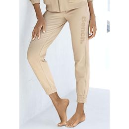 BENCH. LOUNGEWEAR Homewearhose beige Gr. 32/34 f&uuml;r Damen. Mit Logodruck. Nachhaltig.