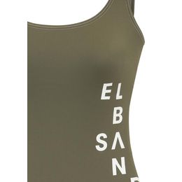 ELBSAND Badeanzug 'Deep' gr&uuml;n Gr. 34 Cup A/B. Mit Logodrucke, Kontrastn&auml;hte. Ohne B&uuml;gel. Nachhaltig.