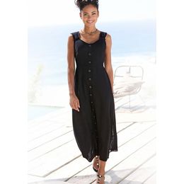 Lascana Maxikleid 'mit breiten Tr&auml;gern aus Webware mit Leinenanteil' schwarz Gr. 34 f&uuml;r Damen. Rundhals und Zierkn&ouml;pfe. Figurumspielend