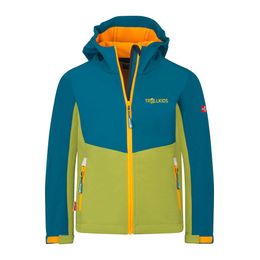 Trollkids Softshelljacke "Kristiansand" in Gr&uuml;n/ Blau/ Orange - 34% | Gr&ouml;&szlig;e 116 | Kinder-outdoor-jacken