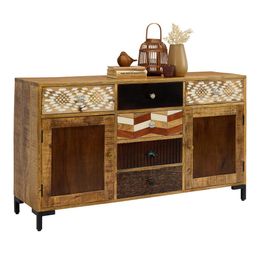 Landscape Sideboard, Braun, Mehrfarbig, Akazie, Kupfer, Metall, Keramik, Akazie, Mangoholz, massiv, 2 F&auml;cher, 6 Schublade(n) Schubladen, 140x80x40 cm, Typenauswahl, Beim&ouml;bel erh&auml;ltlich, stehend, Holzm&ouml;bel, Kleinm&ouml;bel Holz, Holzkommoden, Sideboards Holz
