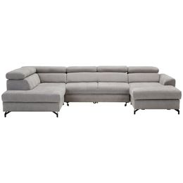 Stylife Wohnlandschaft, Hellgrau, Textil, 6-Sitzer, U-Form, 327x203 cm, Bettkasten erh&auml;ltlich, Bettfunktion Hocker R&uuml;cken echt, Wohnzimmer, Sofas & Couches, Wohnlandschaften, Wohnlandschaften in U-Form