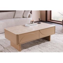 Riess Ambiente Design Couchtisch SAVOY 120cm grau beige greige Keramik Travertin mit Schublade Riess-Ambiente Sofatisch Wohnzimmertisch Modern