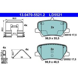 ATE Bremsbelagsatz, Scheibenbremse 13.0470-5521.2 hinten rechts links mit Zubeh&ouml;r f&uuml;r VOLVO 32276933 31687033 31471471