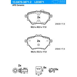 ATE Bremsbelagsatz, Scheibenbremse Ceramic 13.0470-3871.2 hinten rechts links mit Zubeh&ouml;r f&uuml;r PEUGEOT CITRO&Euml;N TOYOTA VAUXHALL OPEL DS 1678167980 SU001