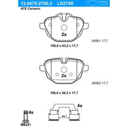 ATE Bremsbelagsatz, Scheibenbremse Ceramic 13.0470-2760.2 hinten rechts links mit Zubeh&ouml;r f&uuml;r BMW 34216788284 34216870558 34216892641