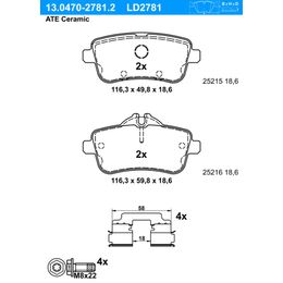 ATE Bremsbelagsatz, Scheibenbremse Ceramic 13.0470-2781.2 hinten rechts links mit Zubeh&ouml;r f&uuml;r MERCEDES-BENZ 0074208220 A0074208320 0074208320