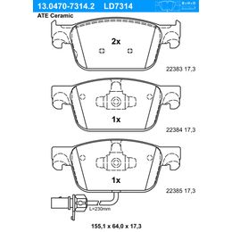 ATE Bremsbelagsatz, Scheibenbremse Ceramic 13.0470-7314.2 vorne rechts links f&uuml;r VAG 8W0698151K 8W0698151AG 8W0698151BG