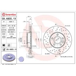 Brembo Bremsscheibe 09.A905.1X vorne rechts links Gelocht 278mm f&uuml;r FORD ASIA & OCEANIA VOLVO (CHANGAN) 31381374 1843728 31362411