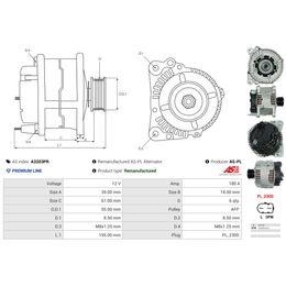 AS-PL Generator A3203PR 12V 180A f&uuml;r VW MERCEDES-BENZ CHRYSLER 21903026LX 03G903023GX 021903026L