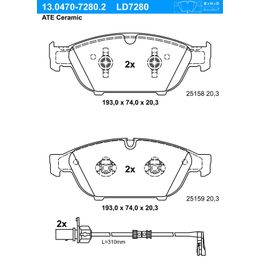 ATE Bremsbelagsatz, Scheibenbremse Ceramic 13.0470-7280.2 vorne rechts links f&uuml;r VAG 4G0698151G 4G0698151B 4H0698151D