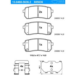 ATE Bremsbelagsatz, Scheibenbremse 13.0460-5636.2 hinten rechts links mit Zubeh&ouml;r f&uuml;r HYUNDAI KIA 58302-C5A70 58302-4HA50 58302-3JA50