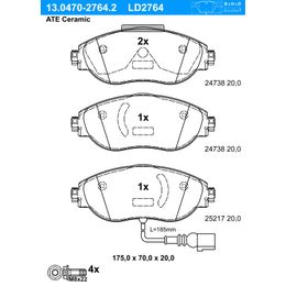 ATE Bremsbelagsatz, Scheibenbremse Ceramic 13.0470-2764.2 vorne rechts links f&uuml;r VAG 7N0698151A 7N0698151C 7N0698151D