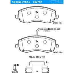 ATE Bremsbelagsatz, Scheibenbremse 13.0460-2752.2 vorne rechts links mit Zubeh&ouml;r f&uuml;r PEUGEOT FIAT CITRO&Euml;N 425495 425394 425395