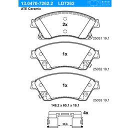 ATE Bremsbelagsatz, Scheibenbremse Ceramic 13.0470-7262.2 vorne rechts links mit Zubeh&ouml;r f&uuml;r VAUXHALL CHEVROLET OPEL 13374966 1605169 13412272