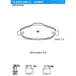 ATE Bremsbelagsatz, Scheibenbremse Ceramic 13.0470-3847.2 vorne rechts links mit Zubeh&ouml;r f&uuml;r PEUGEOT 425393 1613259380 425426