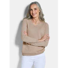 GOLDNER Strickpullover Baumwollpullover mit V-Ausschnitt in beige | Gr.: 44