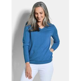 GOLDNER Kurzgr&ouml;&szlig;e: Baumwollpullover mit V-Ausschnitt in blau | Gr.: 20