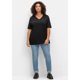 sheego Gro&szlig;e Gr&ouml;&szlig;en T-Shirt mit doppellagigem Vorderteil, schwarz, Gr&ouml;&szlig;e 48/50 - Damen