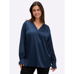 sheego Gro&szlig;e Gr&ouml;&szlig;en Tunika aus Satin, mit &Auml;rmel-Bindeb&auml;ndchen, dunkelblau, Gr&ouml;&szlig;e 50 - Damen