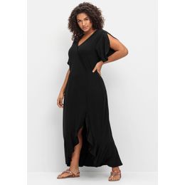 sheego Damen Jerseykleid in Wickeloptik, mit Volantrock, schwarz, Gr&ouml;&szlig;e 56