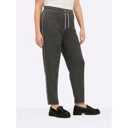 sheego Gro&szlig;e Gr&ouml;&szlig;en Jogg Pants in Veloursleder-Optik, mit Galonstreifen, graphit, Gr&ouml;&szlig;e 52 - Damen
