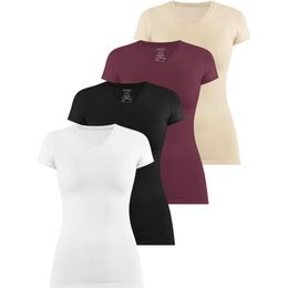 Janice 4 x Figurbetontes T-Shirt mit V-Ausschnitt Siena in Wei&szlig;/Schwarz/Burgund/Beige | Gr.: L