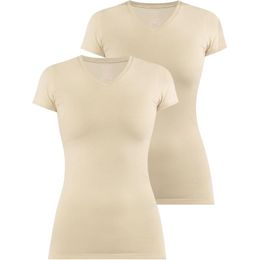 Janice 2 x Figurbetontes T-Shirt mit V-Ausschnitt Siena in Beige | Gr.: M
