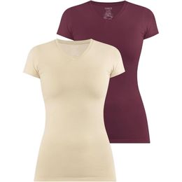 Janice 2 x Figurbetontes T-Shirt mit V-Ausschnitt Siena in Beige/Burgund | Gr.: L