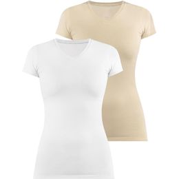 Janice 2 x Figurbetontes T-Shirt mit V-Ausschnitt Siena in Beige/Wei&szlig; | Gr.: L