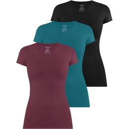 Janice 3 x Figurbetontes T-Shirt mit V-Ausschnitt Siena in Burgund/Petrol/Schwarz | Gr.: 3XL