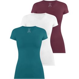 Janice 3 x Figurbetontes T-Shirt mit V-Ausschnitt Siena in Petrol/Wei&szlig;/Burgund | Gr.: M
