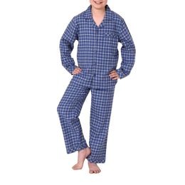 Normann Flanell Pyjama langarm Schlafanzug Karo Knopfleiste - 70131 in blau | Gr.: 140