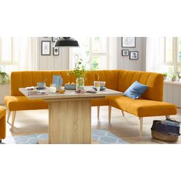 Eckbank exxpo - SOFA FASHION "Costa, moderne R&uuml;ckensteppung, bequem und elegant, hoher Holzfu&szlig;", gelb (mustard), B:157cm H:92cm T:245cm, Webvelour: 100% Polyester, Sitzb&auml;nke, Eckbank, hochwertig verarbeitet, Frei im Raum stellbar