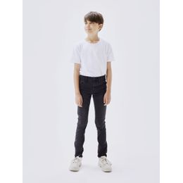 Stretch-Jeans name it "NKMPETE DNMTONSONS", Jungen, Gr. 152, N-Gr, schwarz (schwarz, denim), Denim/Jeans, Obermaterial: 74% Baumwolle, 24% Polyester, 1% Elasthan, 1% Viskose, Abriebeffekte, skinny fit normal, Jeans